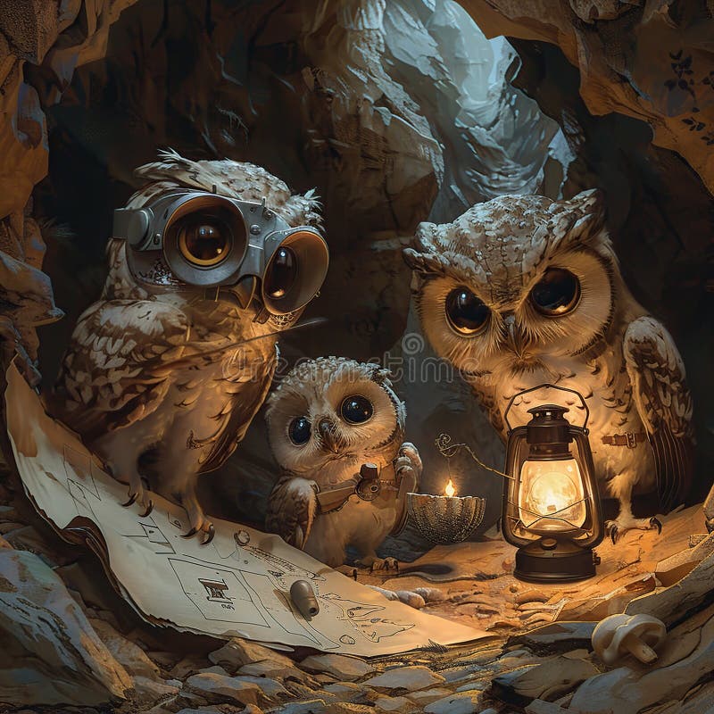Three Owls Exploring a Cave, Studying a Map by Lantern Light Stock ...