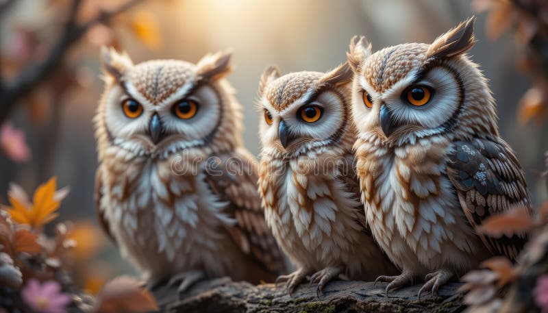 Three Owls Perched on Branch Looking Forward in Forest Setting Stock ...