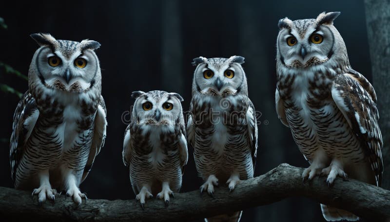 Three Owls Sitting on a Branch Stock Image - Image of emotion ...
