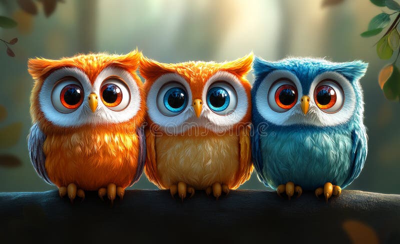 Three Owls are Sitting on a Branch, One of Which is Blue Stock Photo ...