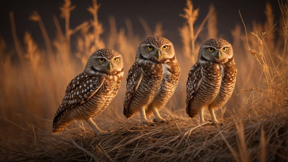 Three Burrowing Owls at Sunset in Golden Grass Stock Illustration ...