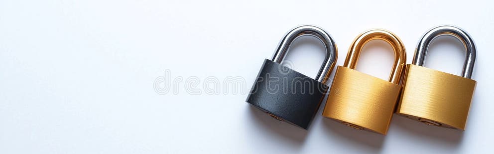 Three Padlocks in Different Colors Including Black and Gold are ...