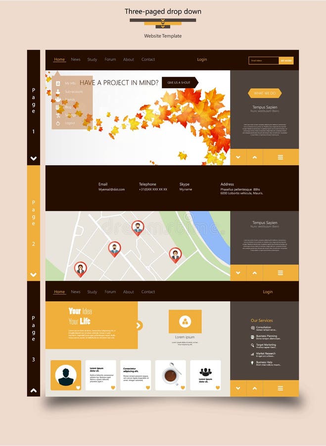 Three Page Drop Down Flat Website Template Stock Vector - Illustration ...