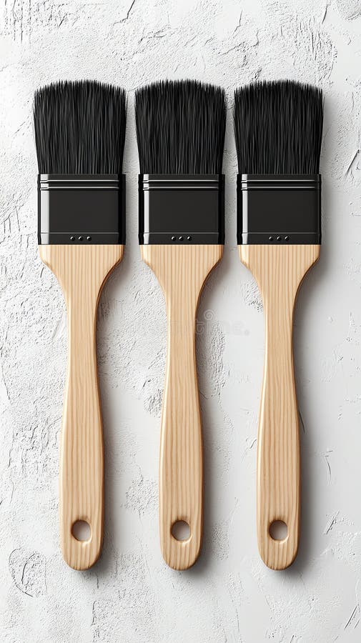Three Paint Brushes Lined Up Against a Textured Gray Wall Stock ...