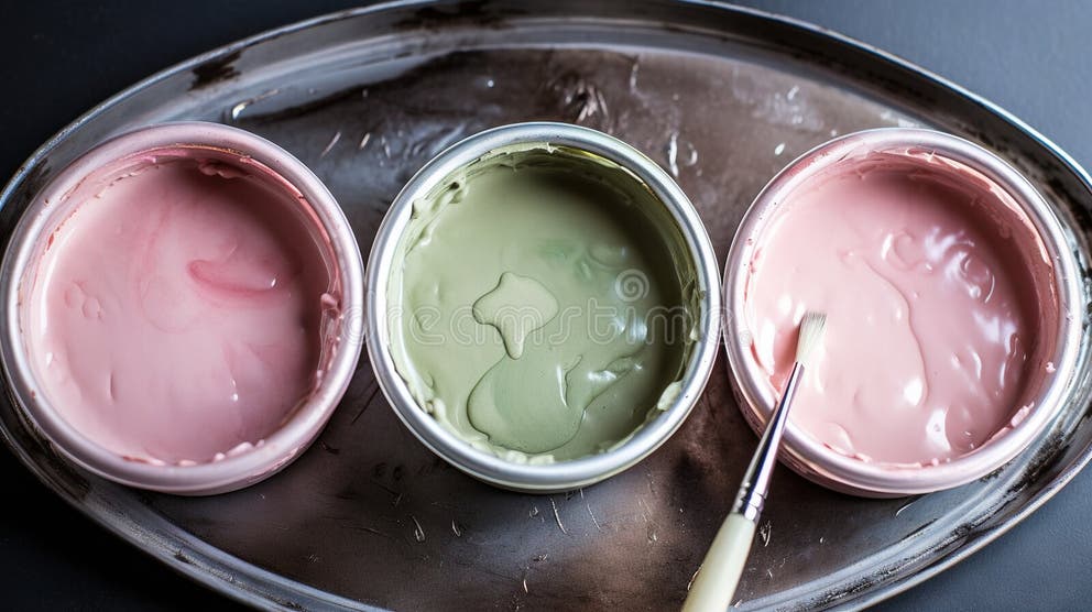 Three Paint Cans with Pink and Green Paint and a Brush Stock Image ...