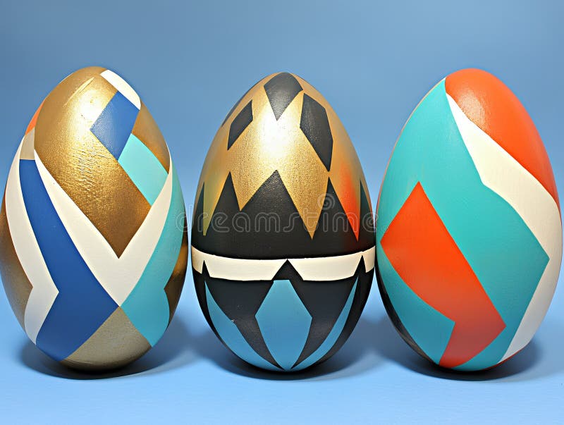 Three Painted Eggs with Geometric Designs Sitting Against a Light Blue ...
