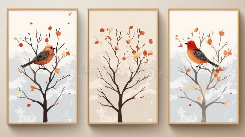 Three Paintings of Birds on Trees with Autumn Leaves Stock Illustration ...