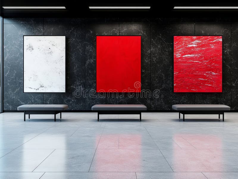 Three Paintings on a Wall in an Empty Room with Benches Stock Photo ...