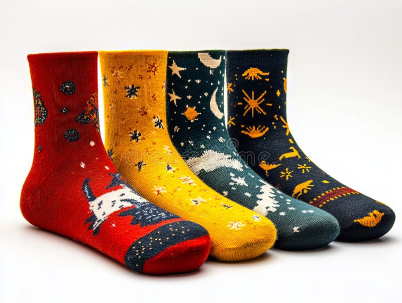 Three Pairs of Colorful Socks with Different Designs on Them Stock ...