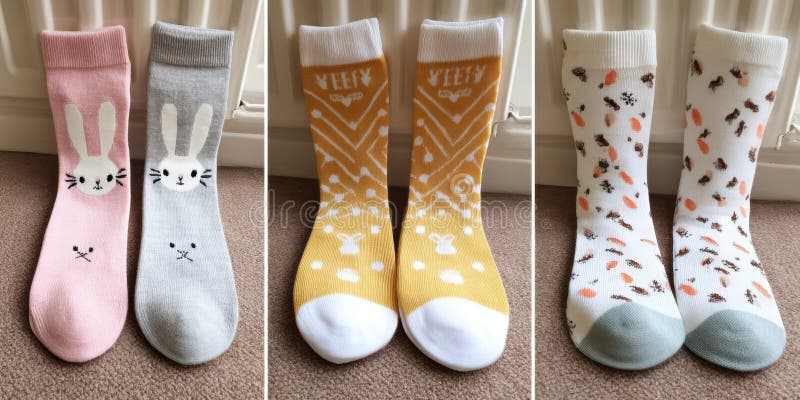 Three Pairs of Cute Bunny Face Socks Adorned with Hearts for Easter ...