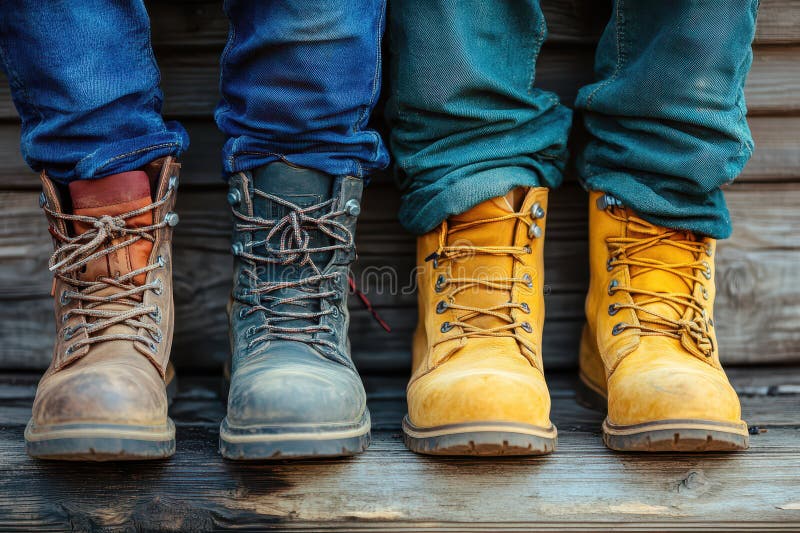 Three Pairs of Work Boots Display Unique Styles Stock Photo - Image of ...