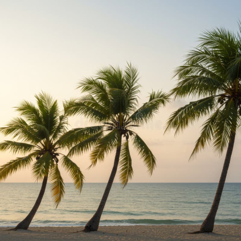Three Palm Trees on a Sandy Beach at Sunrise Stock Illustration ...