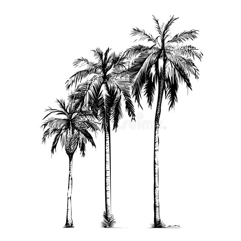 Three Palm Trees Sketch in Strokes Hand Drawn. Stock Illustration ...