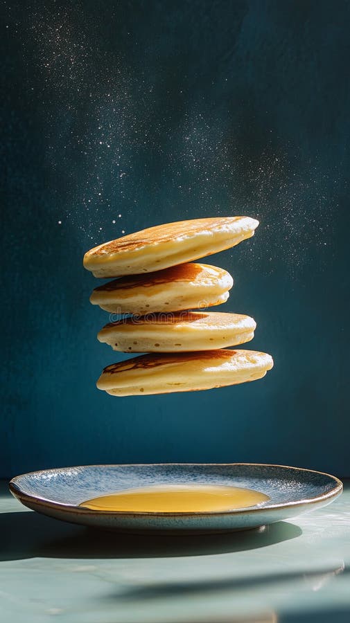 Three Pancakes Floating Above a Breakfast Table. Stock Photo - Image of ...