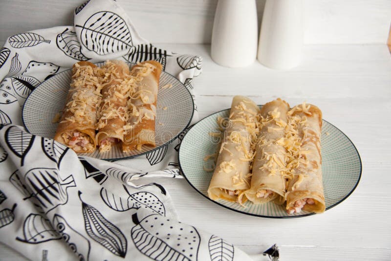 Three Pancakes with Ham and Cheese on a Plate Stock Photo - Image of ...