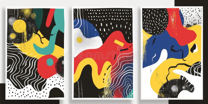 Three Panel Abstract Painting with Bright Colors and Geometric Shapes ...