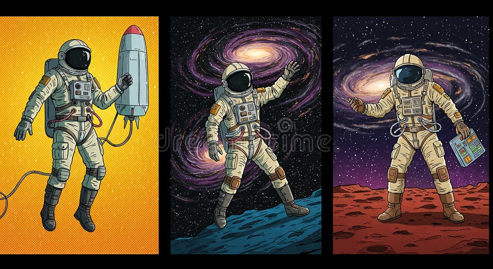 Three-panel Illustration of Astronauts in Space. the First Panel ...