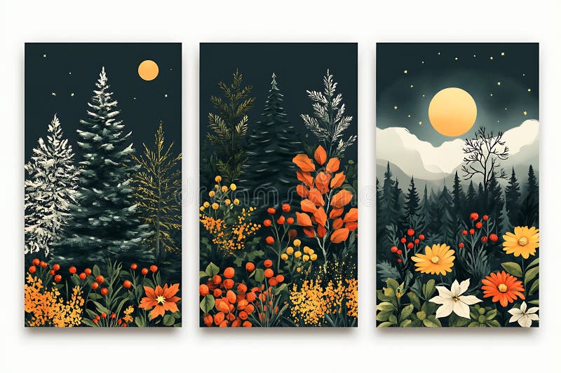 Three Panel Illustration of Forest Scenes with Trees Flowers and a Full ...