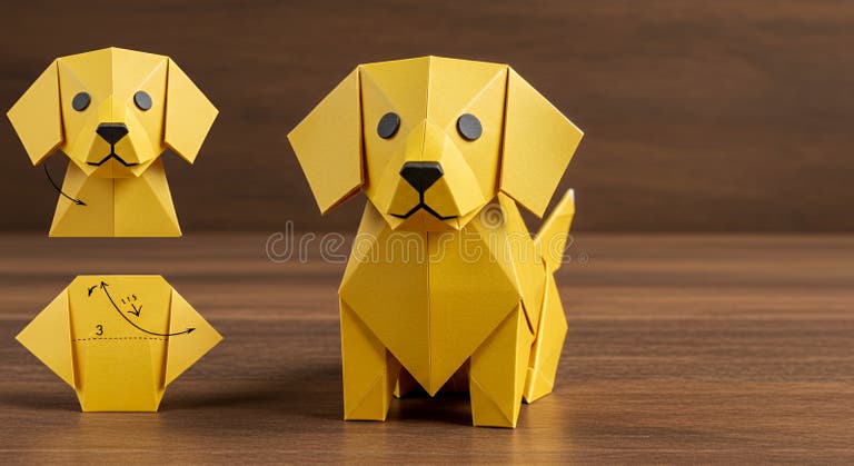 Step-by-step Origami Tutorial for a Yellow Golden Retriever Dog Stock ...