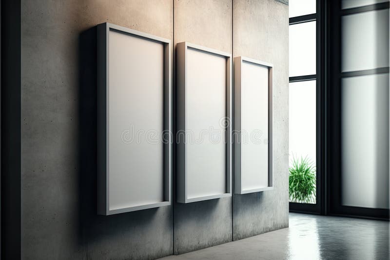 Three Panels with Blank Billboard Mockup on Wall in Spacious Room Stock ...