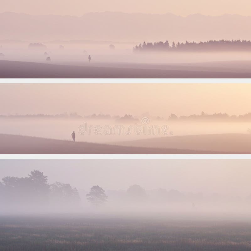 Three Panoramic Images Featuring Mist-covered Landscapes at Dawn or ...