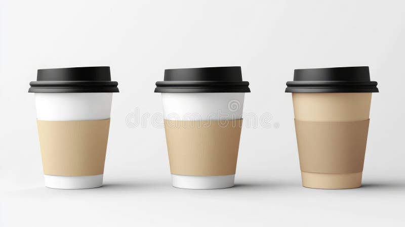 Three Paper Coffee Cups with Black Lids and Brown Sleeves Stock ...