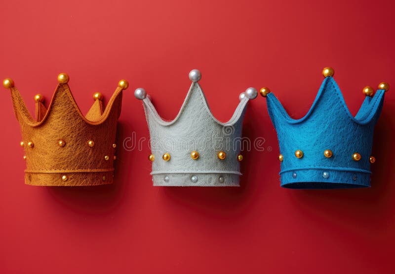 Three Paper Crowns Displayed on a Vibrant Red Background Stock Image ...