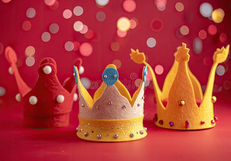 Three Paper Crowns Displayed on a Vibrant Red Background Stock Photo ...
