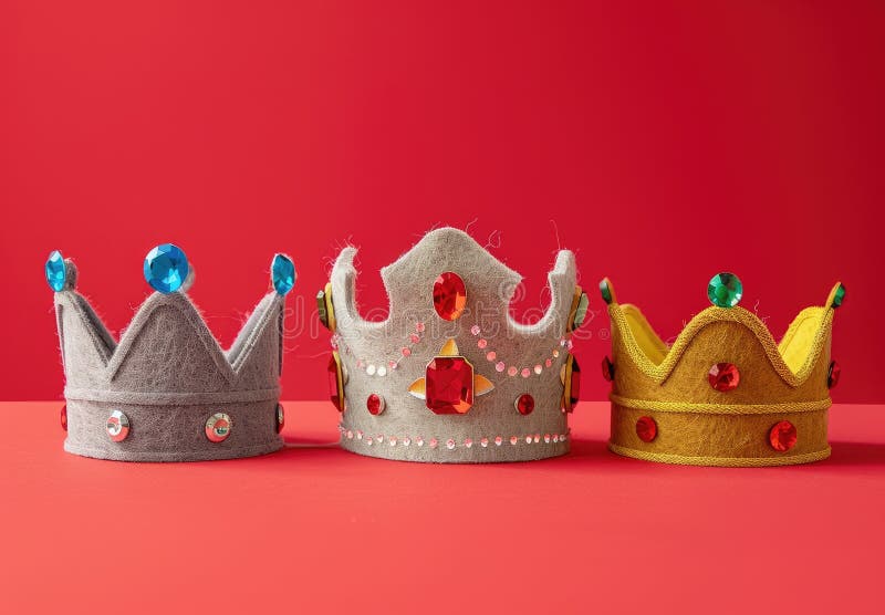 Three Paper Crowns Displayed on a Vibrant Red Background Stock Image ...