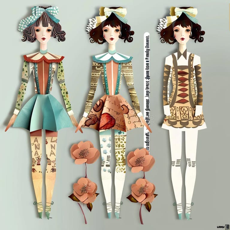Three Paper Dolls with Distinct Features and Attire, Each Adorned with ...