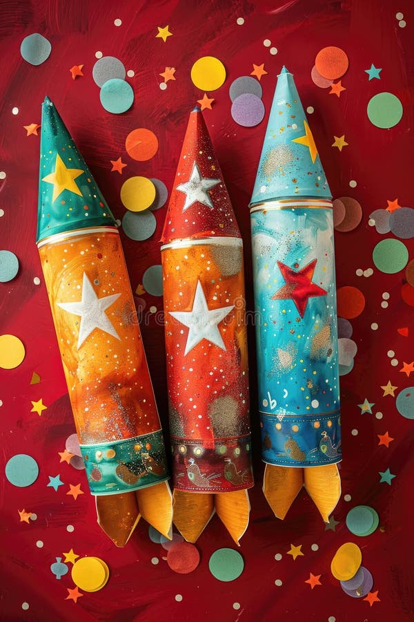 Three Paper Rockets with Stars on Them are Sitting on a Red Background ...