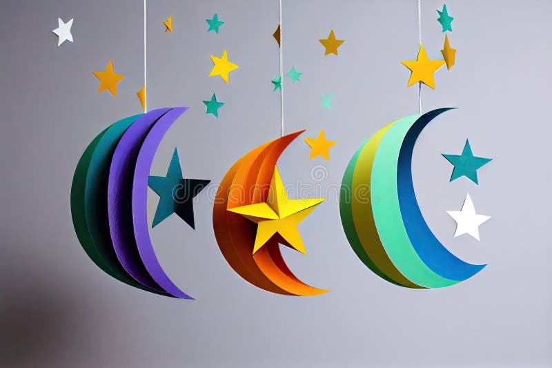 Three Paper Streamers of Different Colors with Star and Moon Cut-outs ...