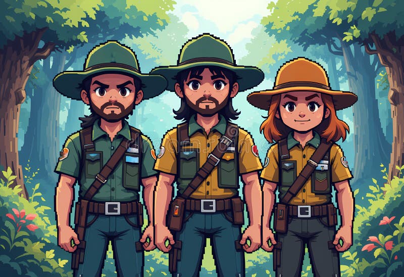 Three Park Rangers in Pixel Art Style, Ready for Adventure Stock ...