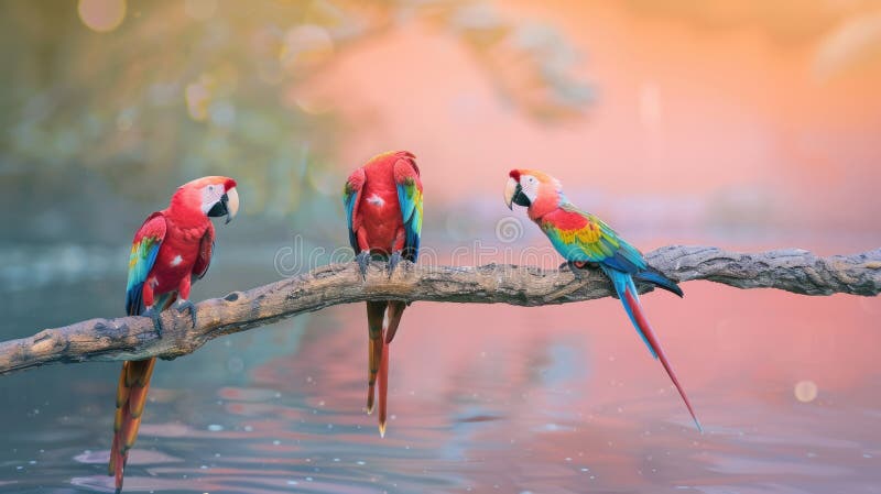 Three Parrots Sitting on a Branch in Front of a Colorful Background ...