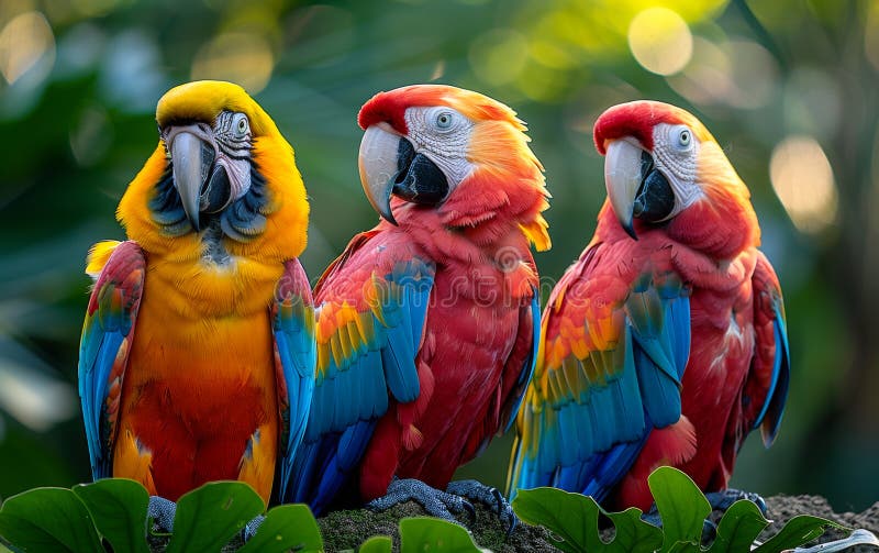 Three Parrots are Sitting on a Branch, One of Which is Yellow Stock ...