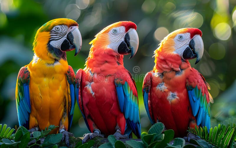 Three Parrots are Sitting on a Branch, One of Which is Yellow Stock ...