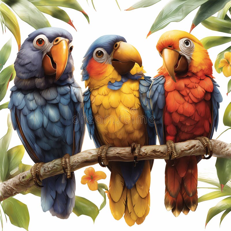 Three Parrots on a Tree Branch in the Tropical Forest, AI Generated ...