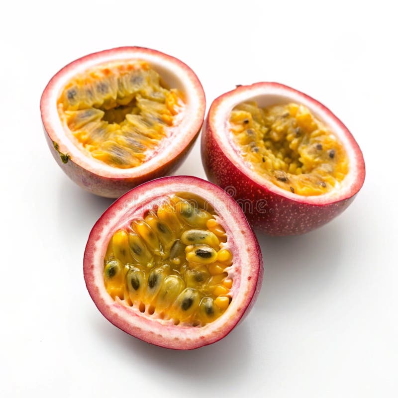 Three Passion Fruits Cut Open Isolated on White Background Stock ...