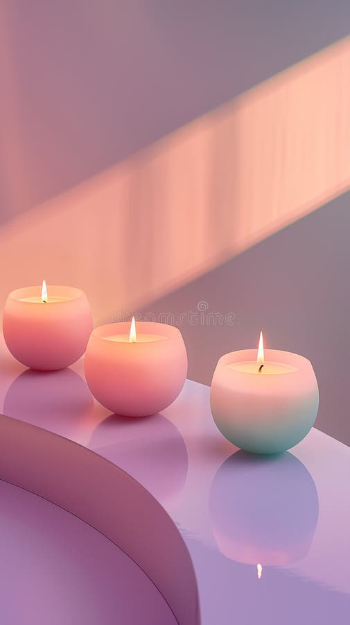 Three Pastel Candles on Reflective Surface with Soft Pink Light Stock ...