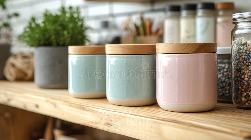 Three Pastel Ceramic Jars with Wooden Lids on a Kitchen Shelf Stock ...