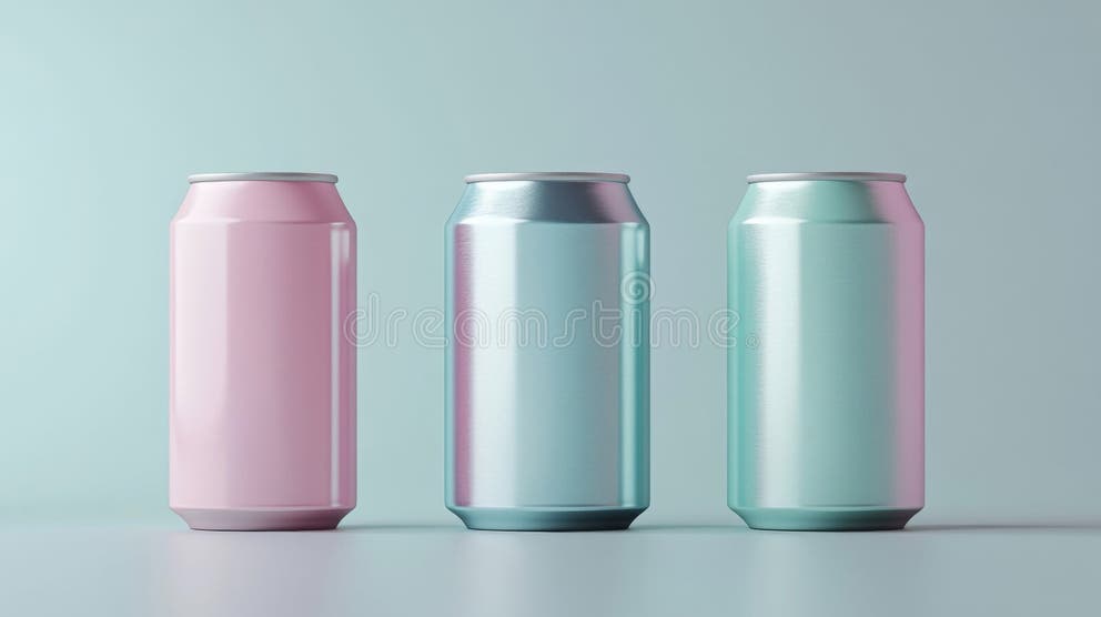 Three Pastel-Colored Aluminum Cans on Light Blue Background Stock ...