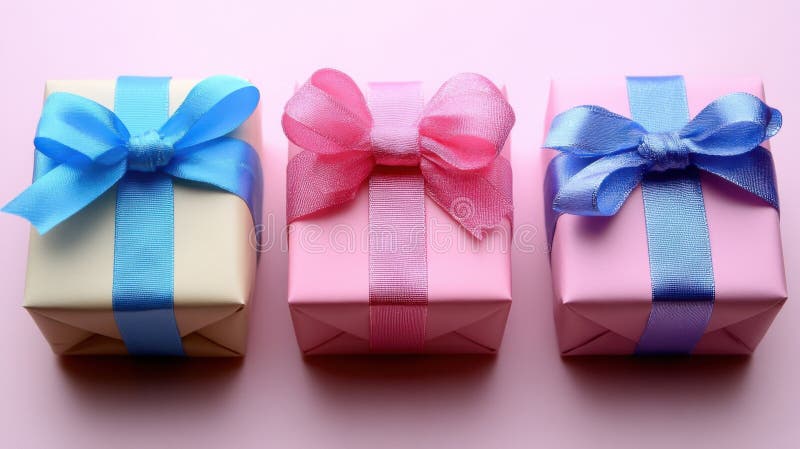 Three Pastel-Colored Gift Boxes with Ribbons on Pink Background Stock ...