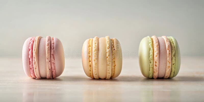 Three Pastel-colored Macarons Arranged in a Row on a Light-colored ...