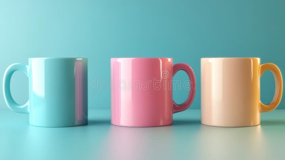 Three Pastel-Colored Mugs on a Blue Surface Stock Illustration ...