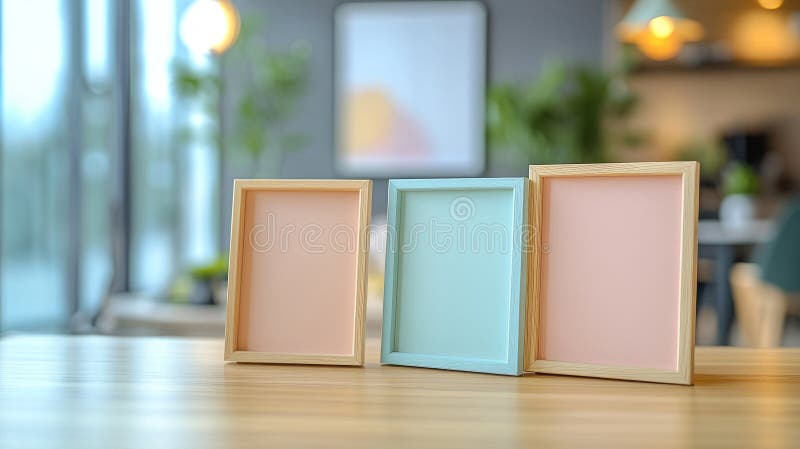 Three Pastel-colored Picture Frames on a Wooden Tabletop. Stock Photo ...