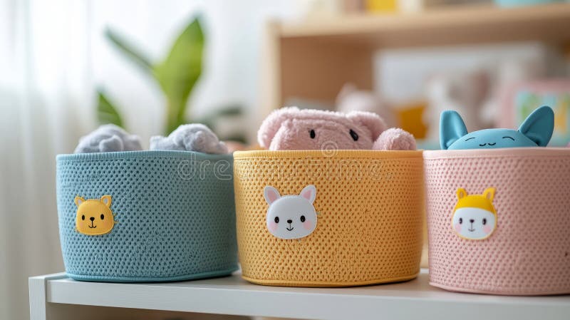 Three Pastel-colored Storage Baskets in a Baby Nursery Filled with Toys ...