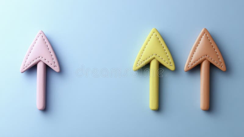 Three Pastel-colored Upward Arrows with Stitched Details on a Bright ...