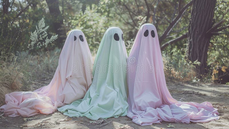 Three Pastel Ghosts in Soft Pink, Green, Lavender Sheets Sit in Forest ...