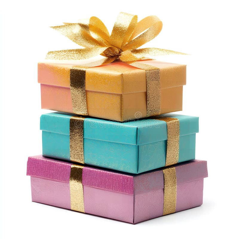 Three Pastel Gift Boxes with Gold Ribbons Stacked High for Celebration ...