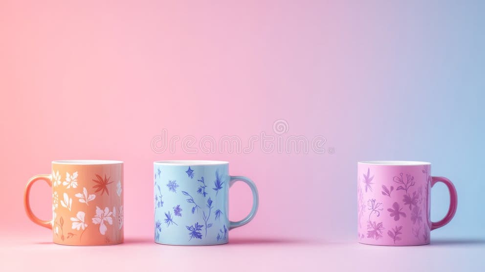 Three Pastel Mugs with Floral Pattern on Pink Background Stock ...
